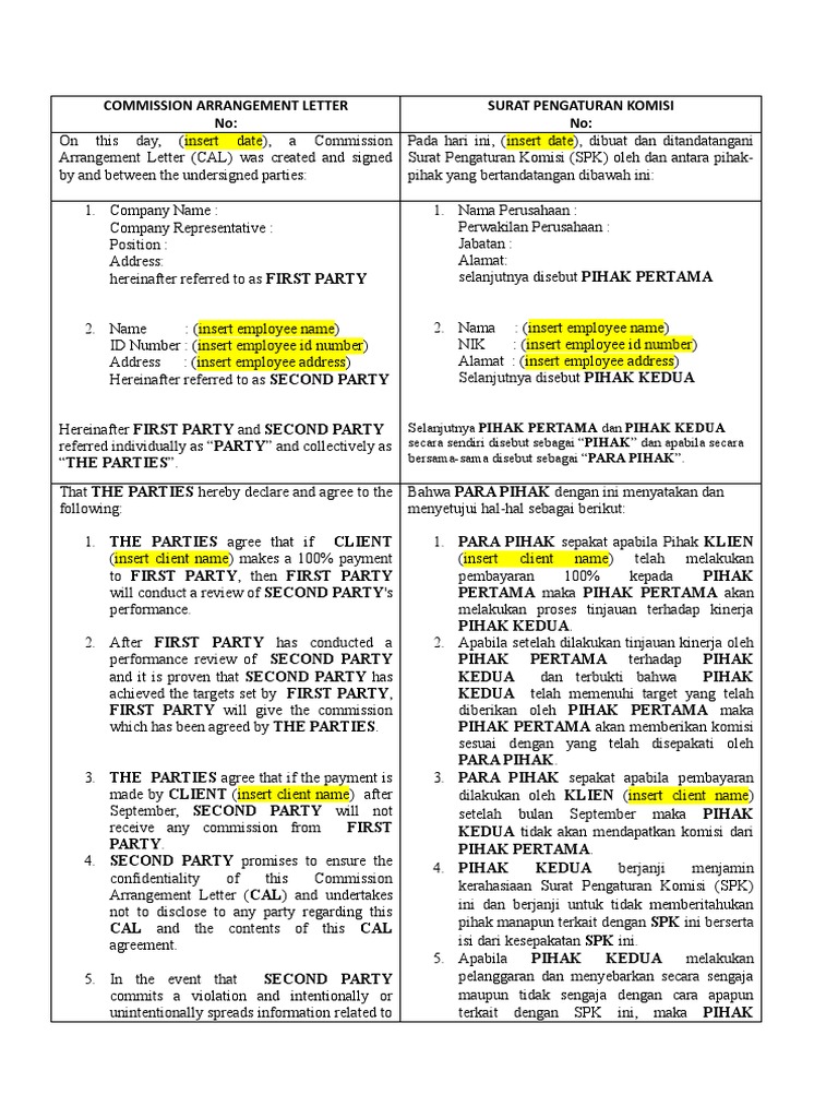 COMMISSION ARRANGEMENT LETTER | PDF