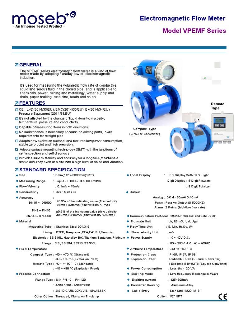 MOSEB VPEMF Series Electromagnetic Flow Meter | PDF | Flow Measurement | Physical Sciences