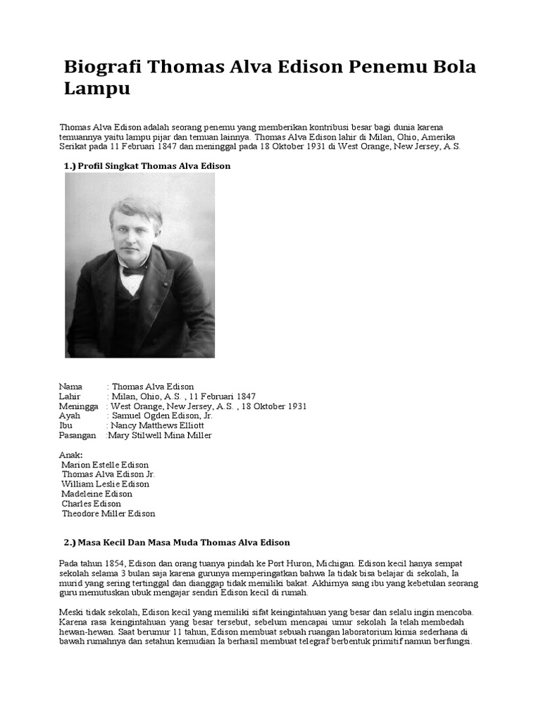 Biografi Thomas Alva Edison Penemu Bola Lampu | PDF Biografi Thomas Alva Edison Penemu Bola Lampu | PDF