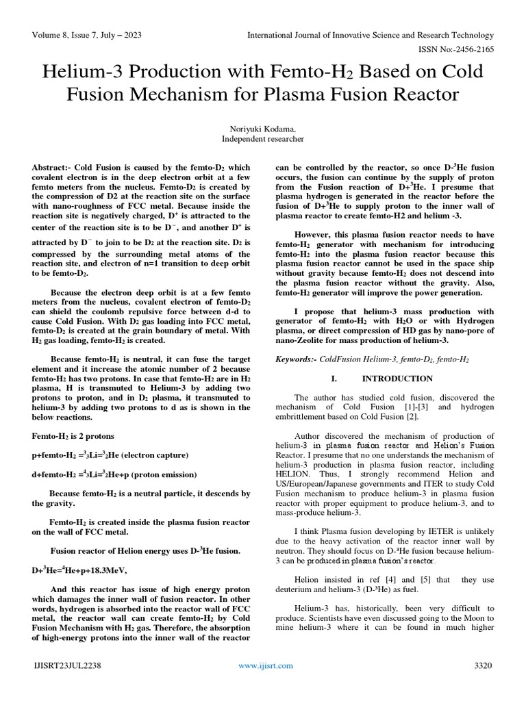 Helium-3 Production With Femto-H2 Based On Cold Fusion Mechanism For ...