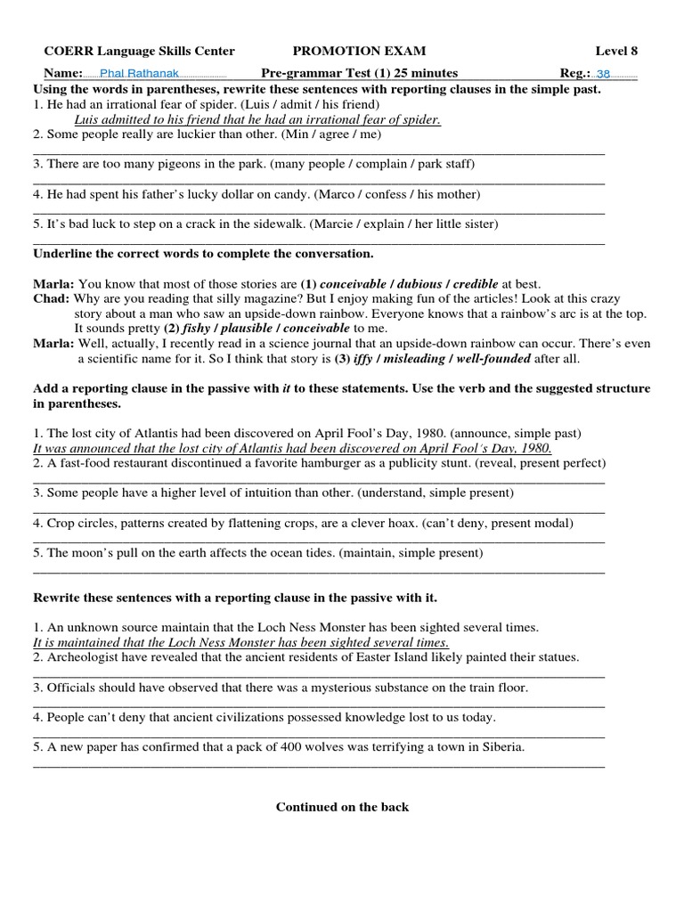 Pre-Grammar Test COERR, Level 8 | PDF