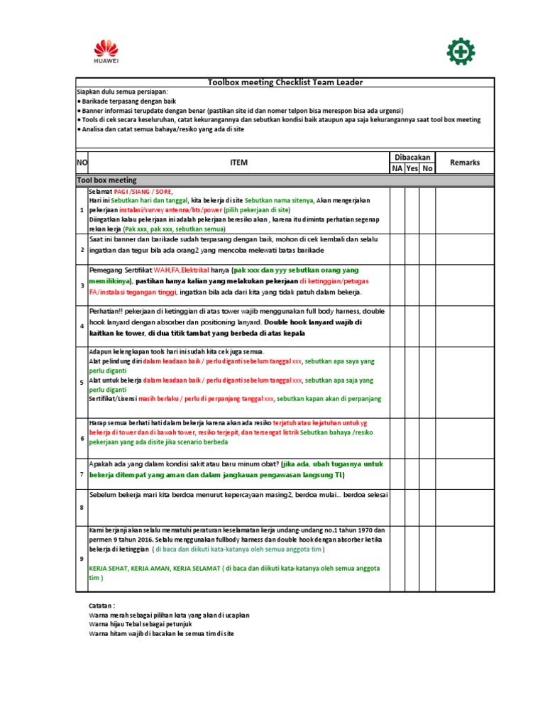 Toolbox Meeting Worksite TL - WL - V1.2 | PDF