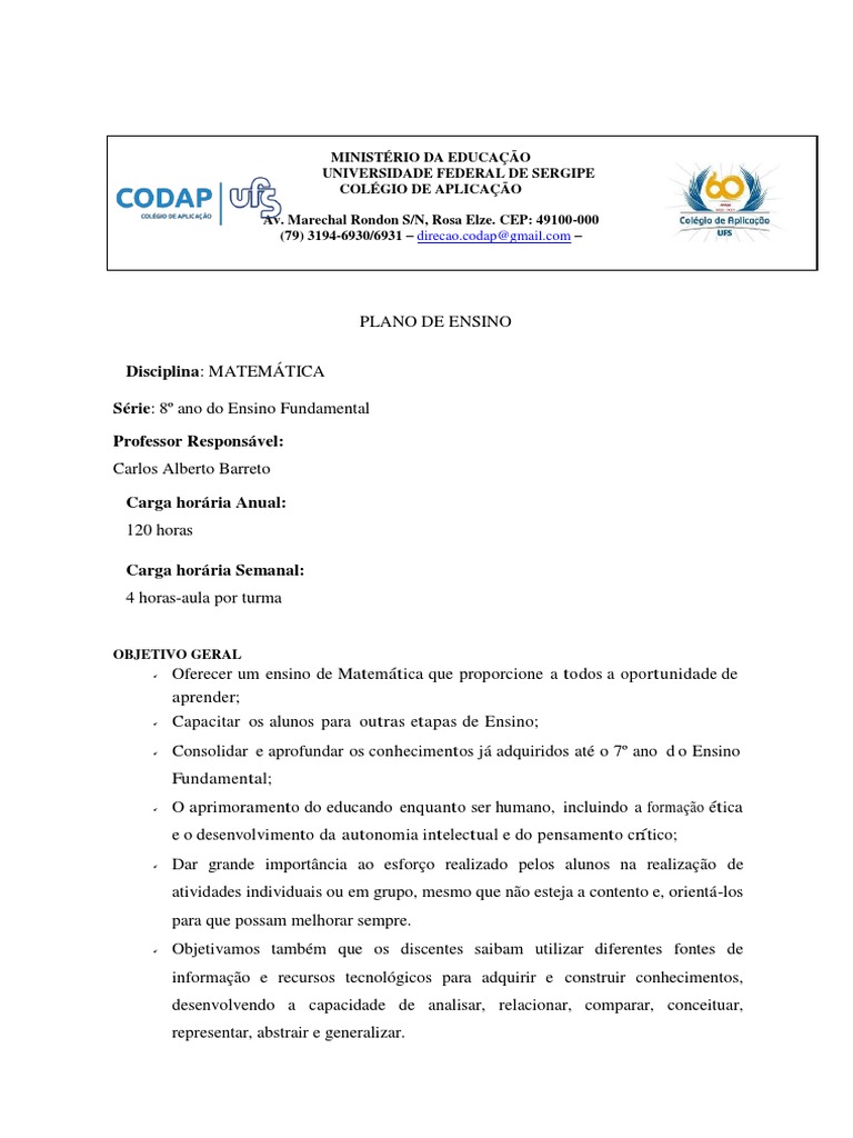 Plano de Ensino - Matem Tica 8 Ano | PDF