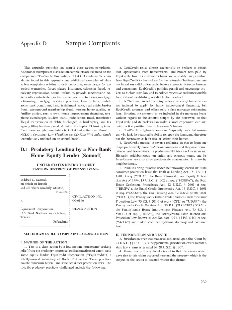 Appendix D Sample Complaints CA02 - D | PDF | Loans | Mortgage Loan