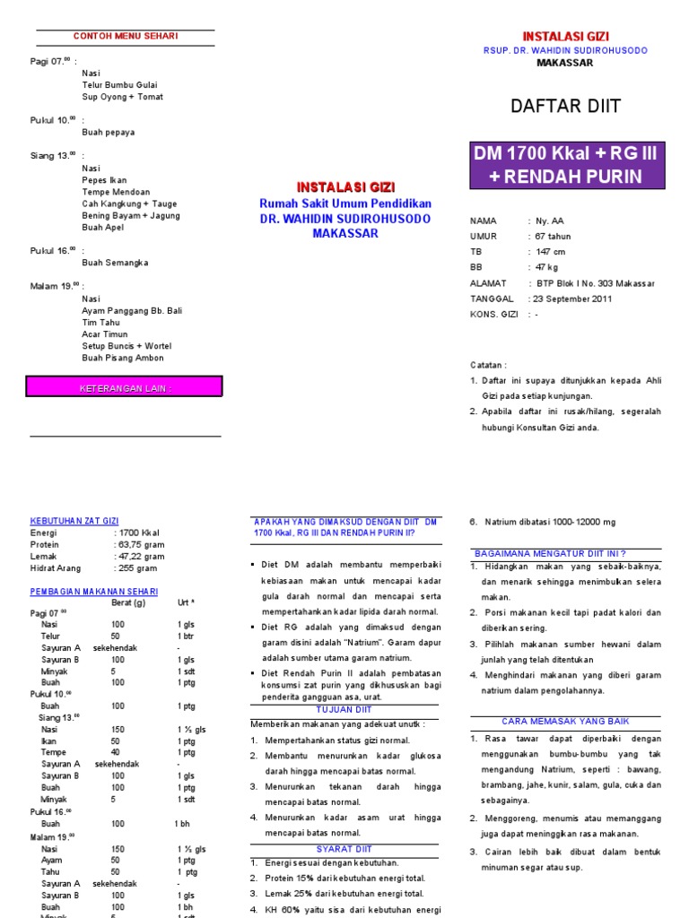 LEAFLET DIET DM 1700 Kkal, RG III & RENDAH PURIN II | PDF