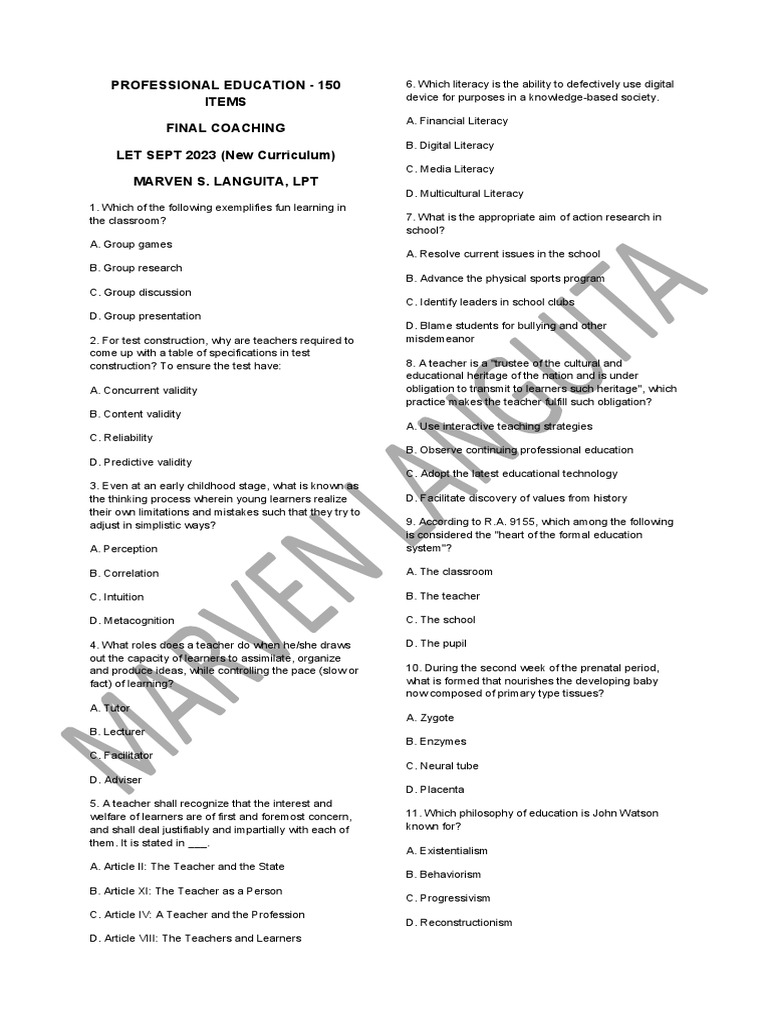 Prof Ed Final Coaching LETSEPT 2023 | PDF | Teachers | Learning