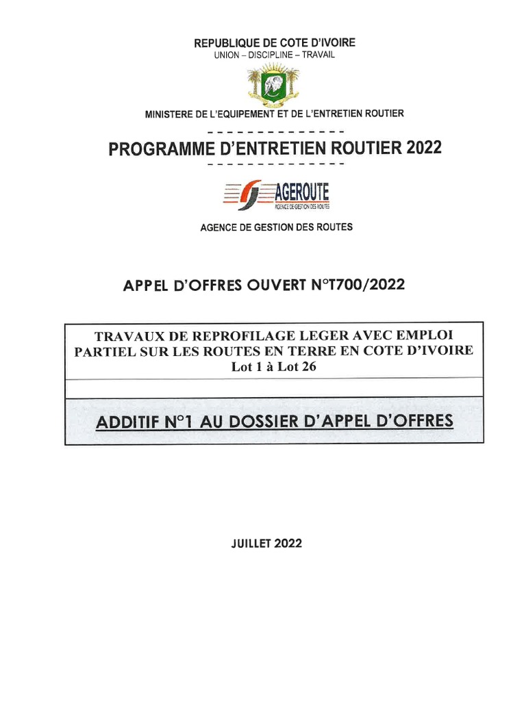 Additif N°1 Au DAO - N°T700-2022 | PDF
