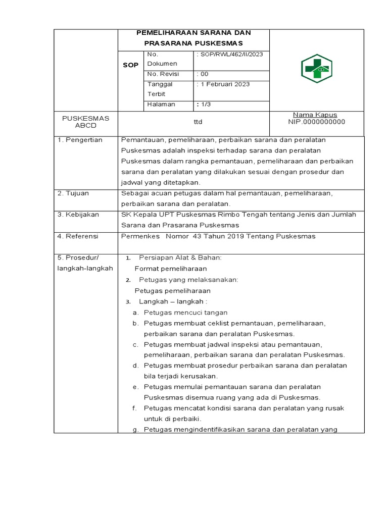 1463 Sop-Pemeliharaan-Sarana-Dan-Prasarana-Puskesmas | PDF