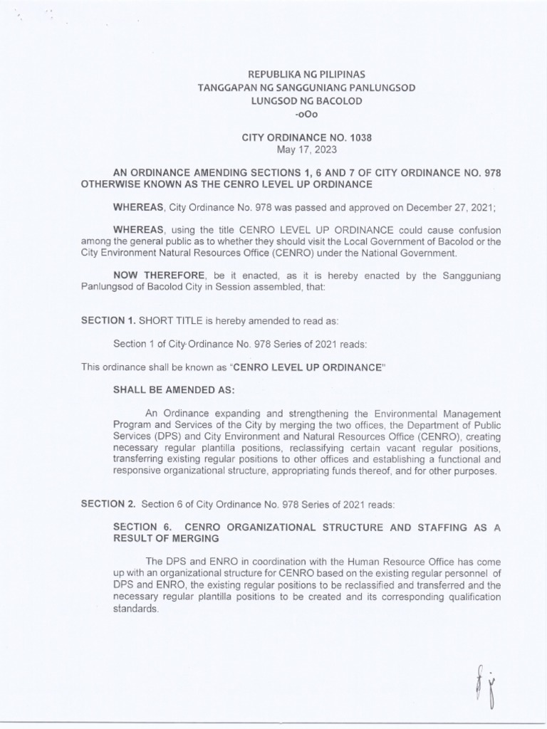 C.O. 1038, S. 2023 - Ordinance Amending C.O. 978, S. 2021 or The CENRO ... C.O. 1038, S. 2023 - Ordinance Amending C.O. 978, S. 2021 or The CENRO ...