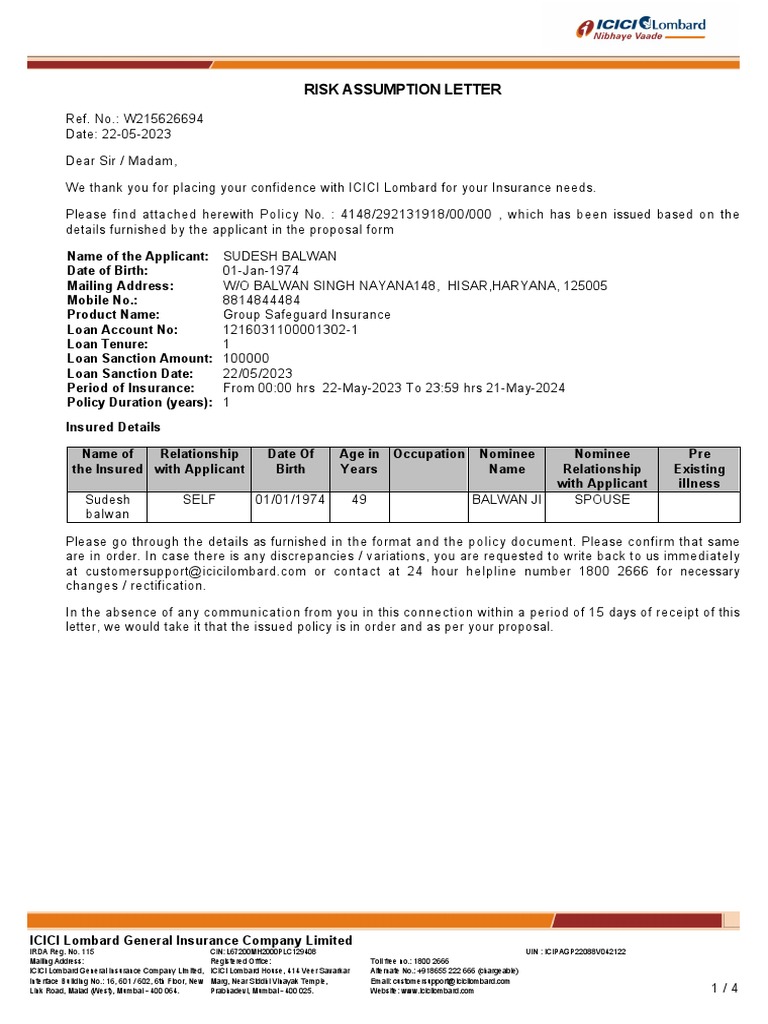 Risk Assumption Letter | Download Free PDF | Insurance | Private Law
