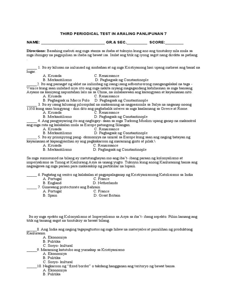 Third Periodical Test in Araling Panlipunan 7 | PDF