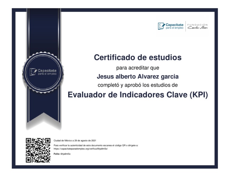 certificado evaluador de indicadores clave (KPI) | PDF