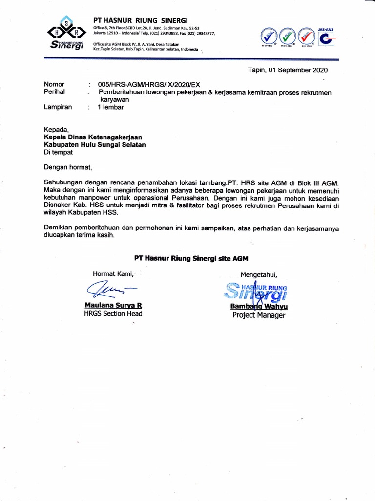 Surat Pemberitahuan Loker & Rekrutmen Ke Disnaker HSS | PDF