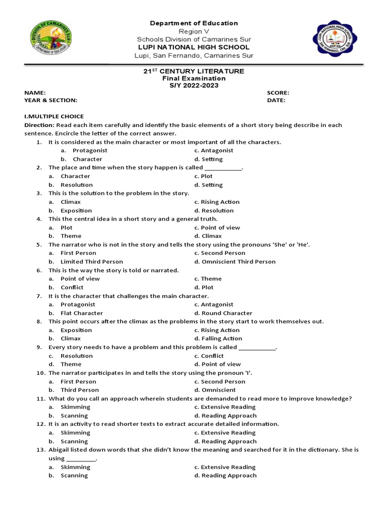 21ST Century Literature Final Exam | PDF