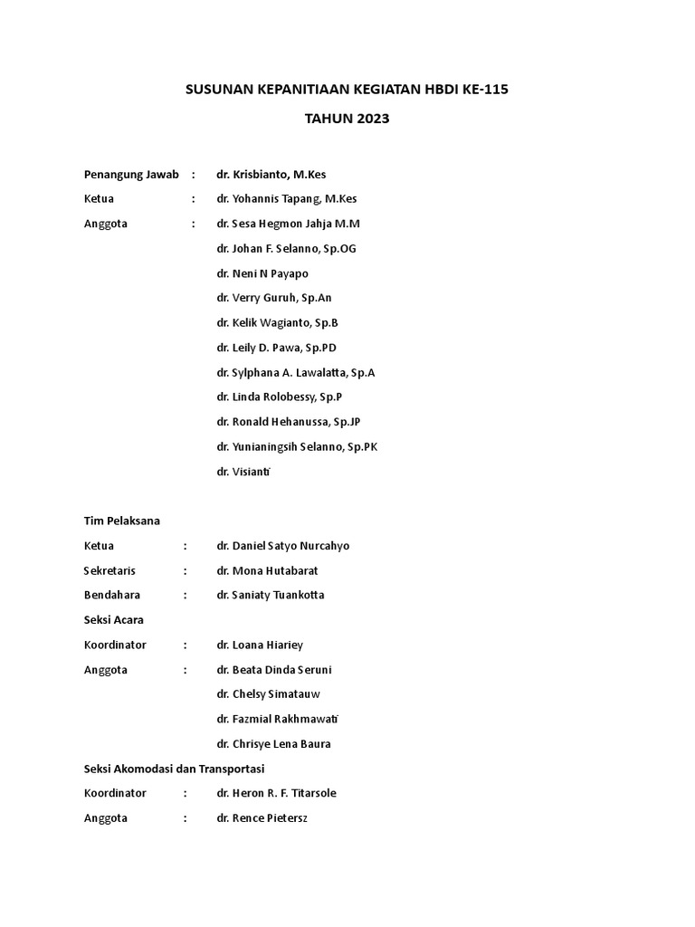 Susunan Kepanitiaan Kegiatan Hbdi Ke-115 | PDF