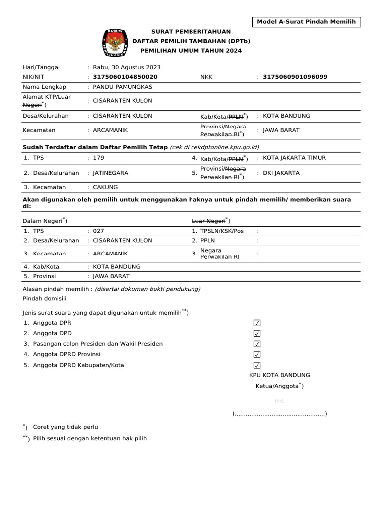 Surat Pindah Memilih - PANDU PAMUNGKAS - 3175060104850020 - 30-08-2023T14.34.25 | PDF