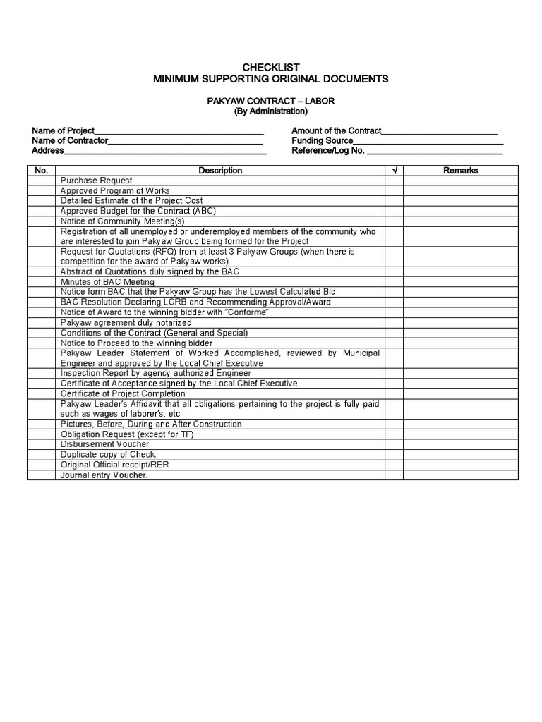 Checklist On Pakyaw Contract | PDF | Business | Finance & Money Management