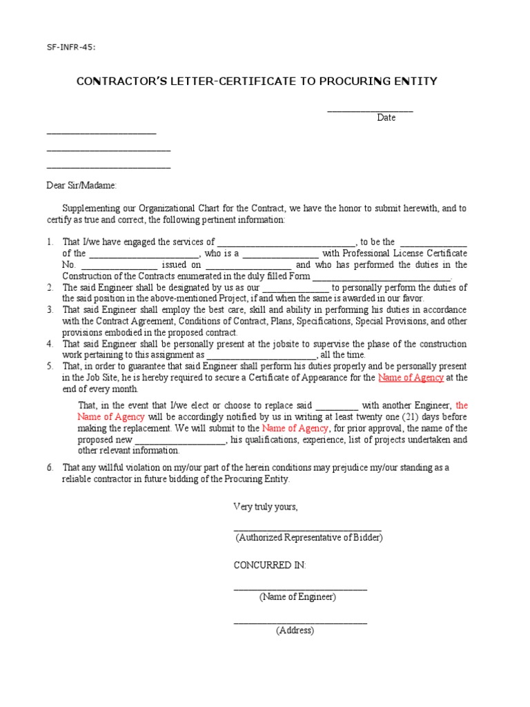 SF-InFR-45 Contractor Letter-Certificate To Procuring Entity | PDF ...