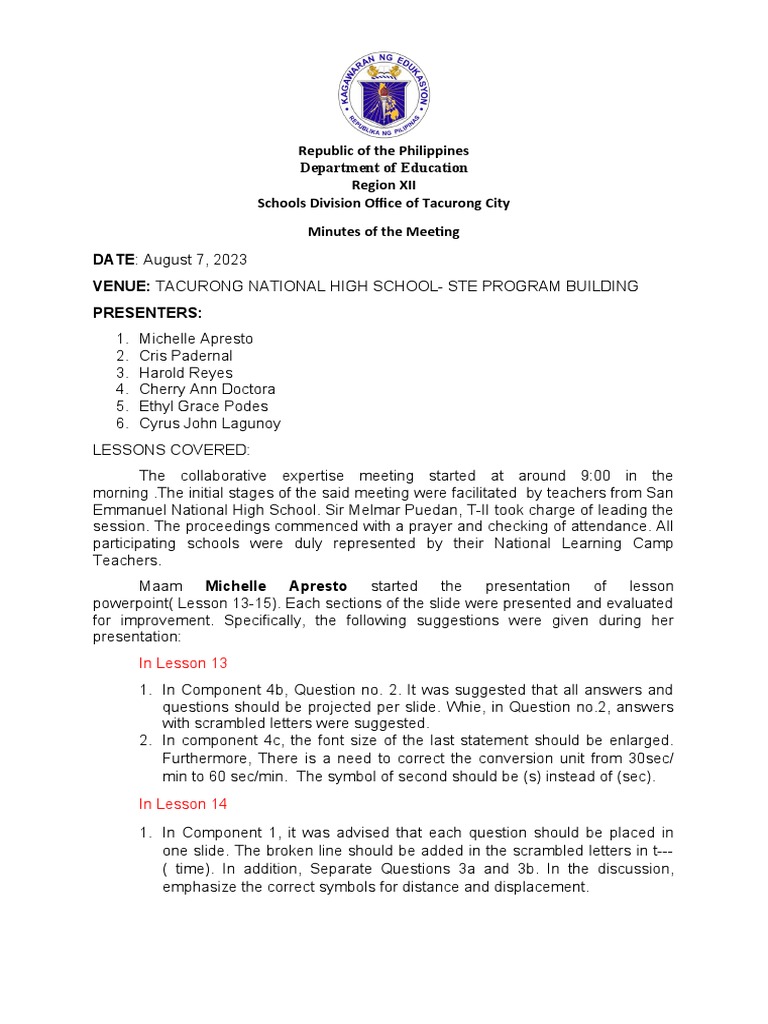 Minutes of The Meeting NLC August 7,2023 (Monday) | PDF | Behavior ...