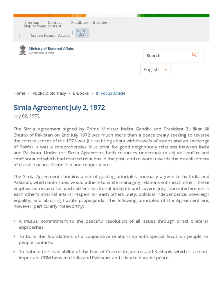 Simla Agreement July 2, 1972 | PDF | Diplomacy | International Relations