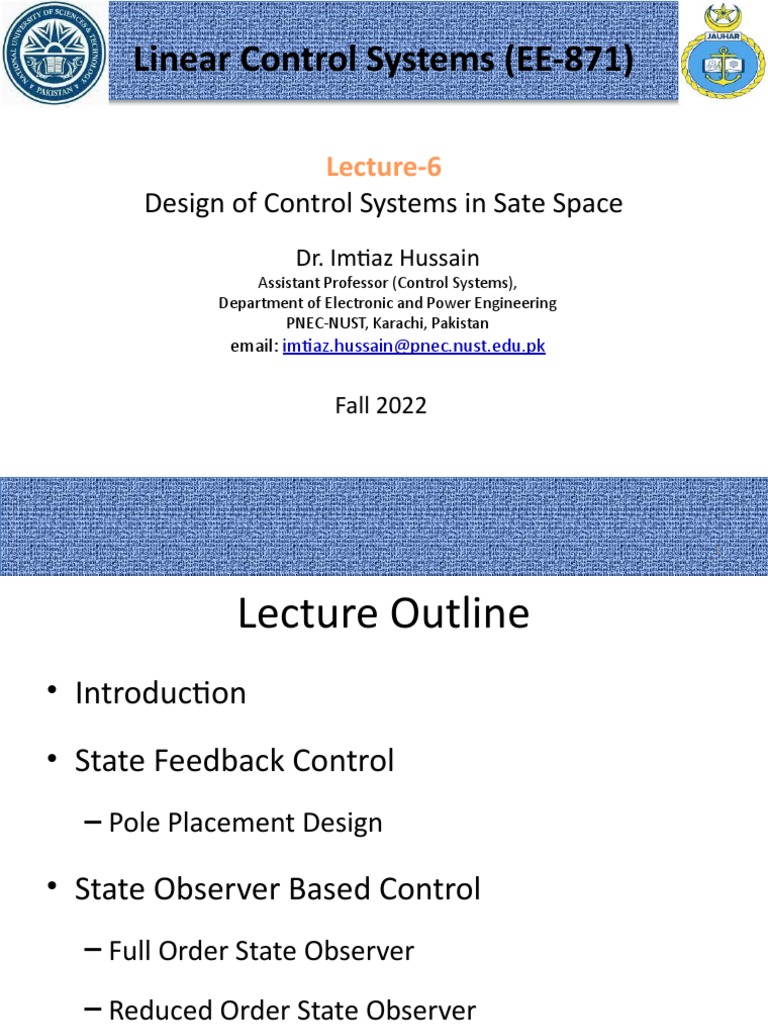 Lecture 06 Design Of Control Systems In State Space Nust Masters 2022