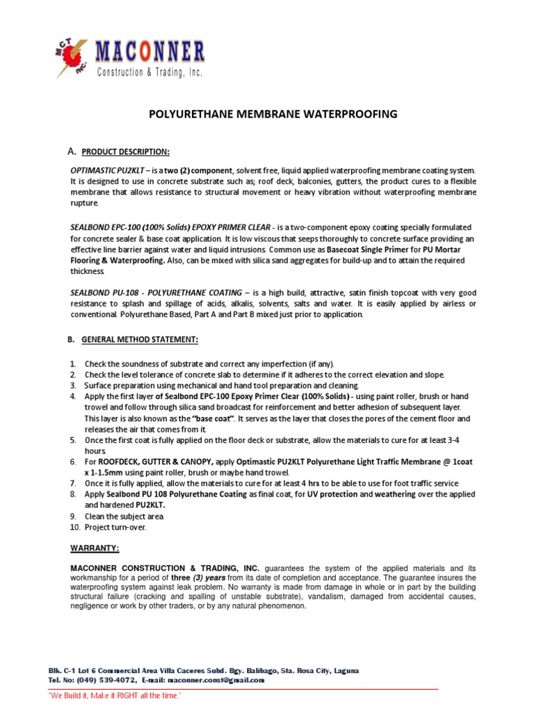 Waterproofing Methodology & Product Data | PDF