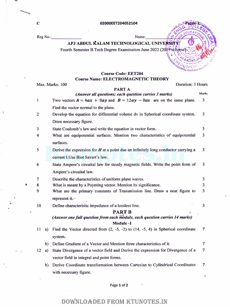 Eet204 Electromagnetic Theory, June 2022 | PDF | Magnetic Field ...