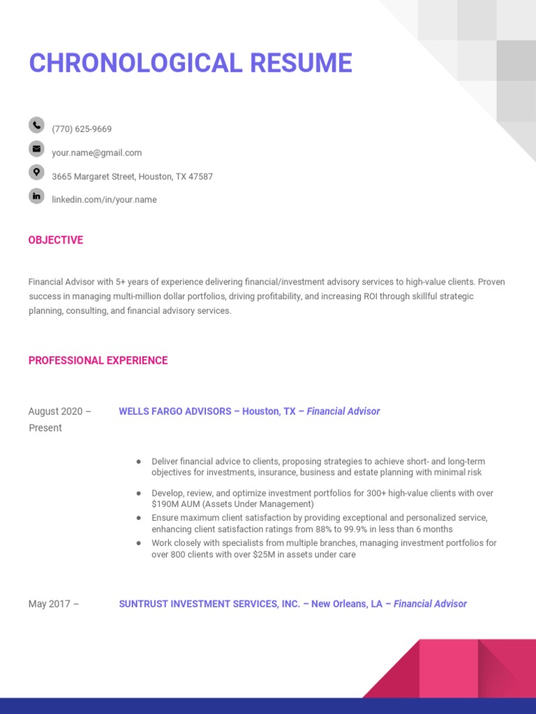 Chronological Resume Example 1 | PDF | Résumé | Investing