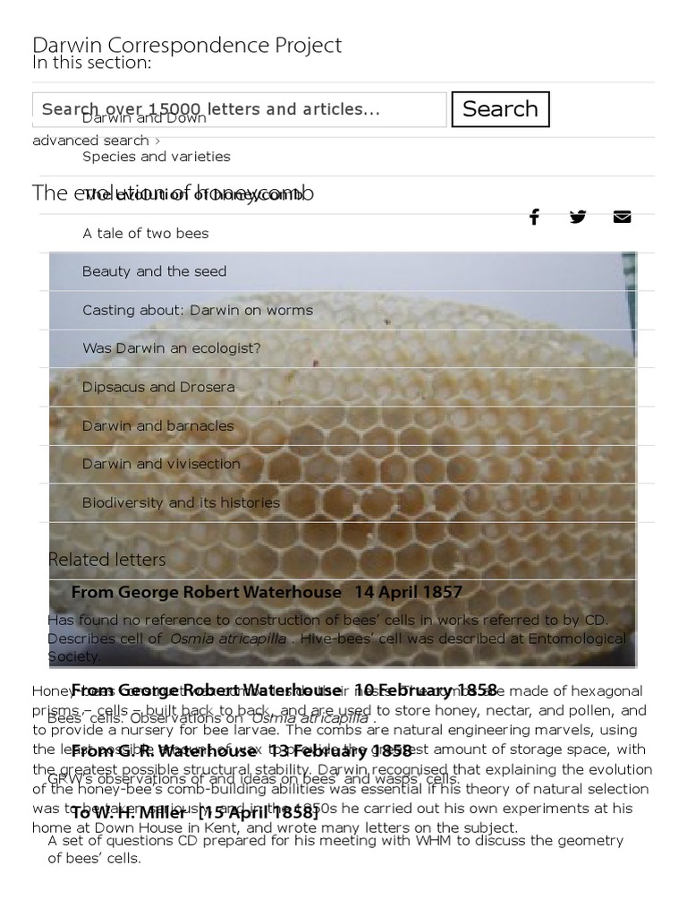 The Evolution of Honeycomb - Darwin Correspondence Project | PDF
