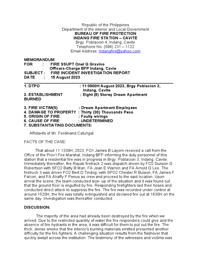 Catungal Fire Incident Investigation Report | PDF | Firefighter | Disasters