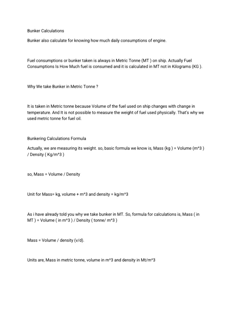 Bunker Formulas Calculations | PDF | Units Of Measurement | Mass