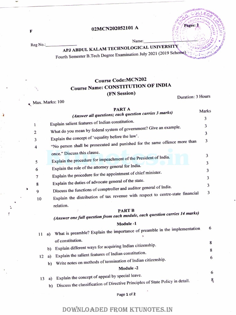 Mcn202 Constitution of India (FN), July 2021 | PDF | Government ...