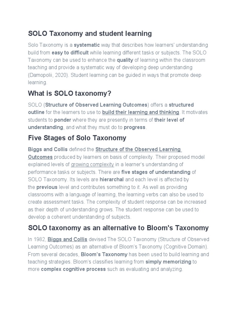 SOLO Taxonomy: Enhancing Student Learning | PDF