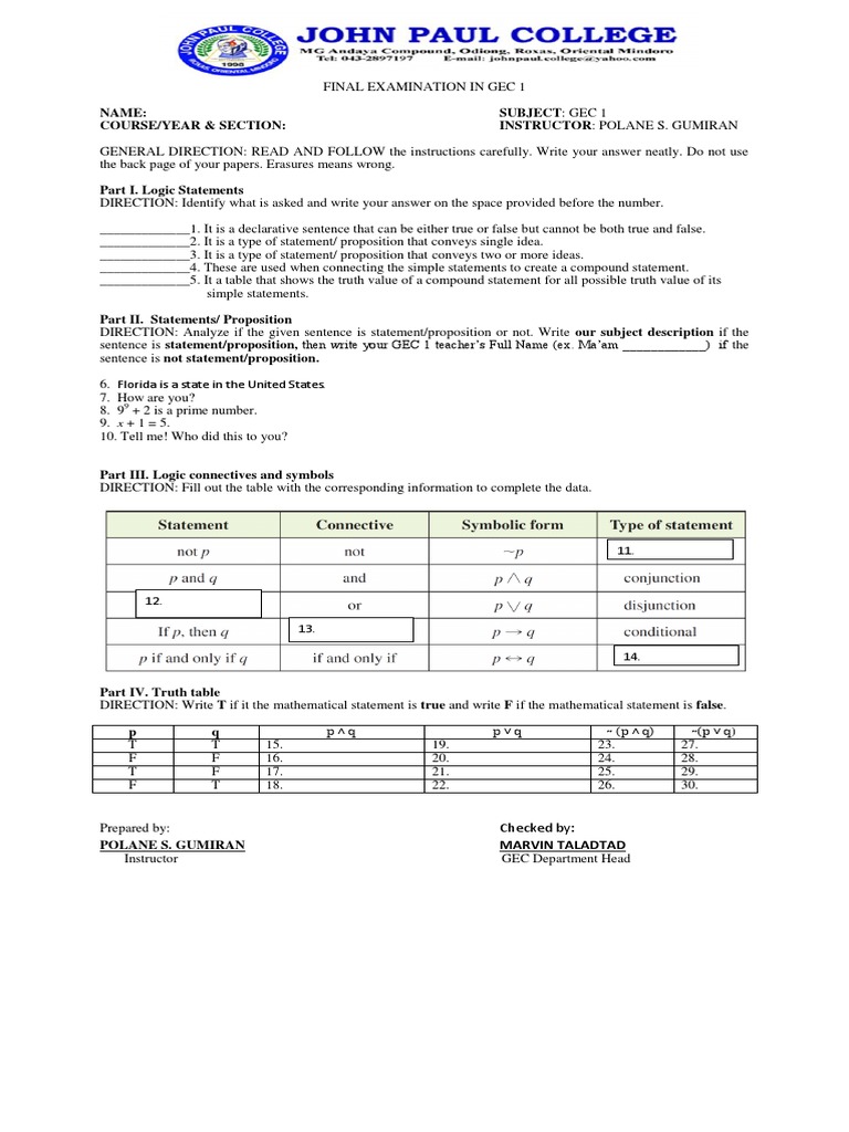 Final Examination in Gec 1 | PDF