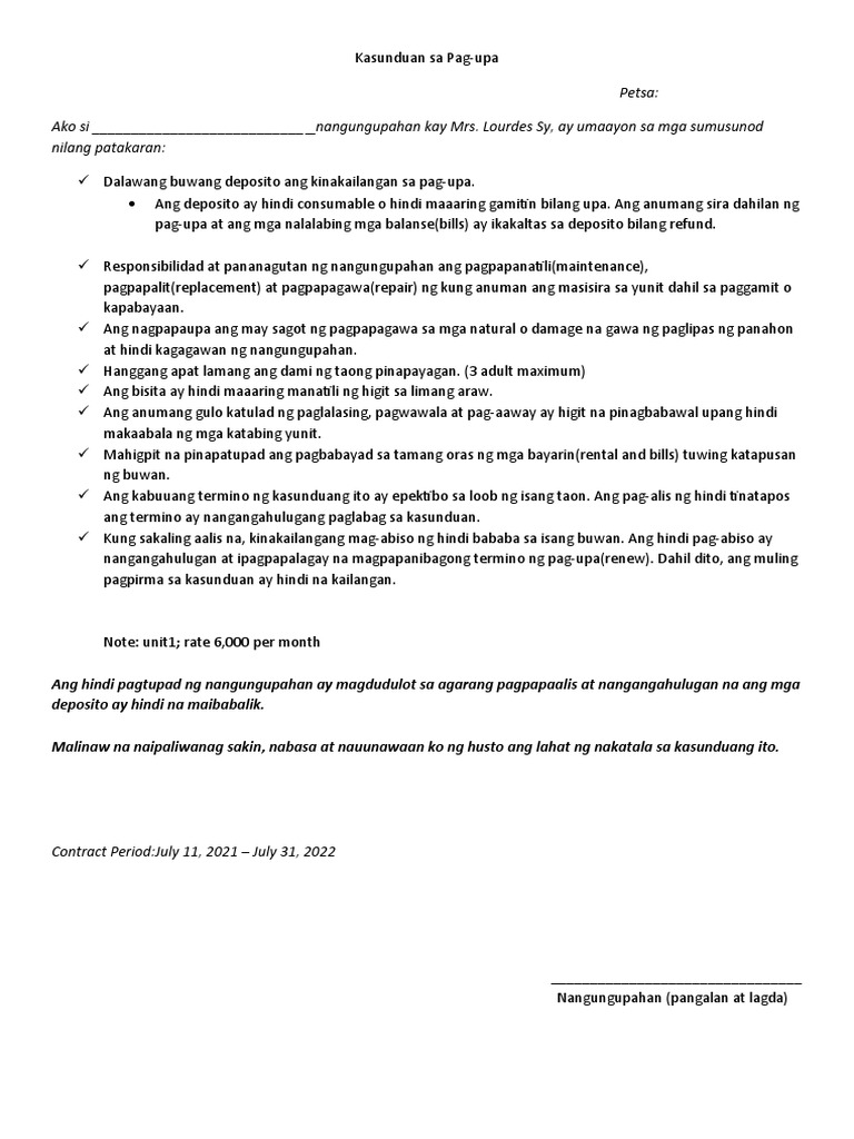 Kasunduan Sa Pag-Upa 2021 | PDF