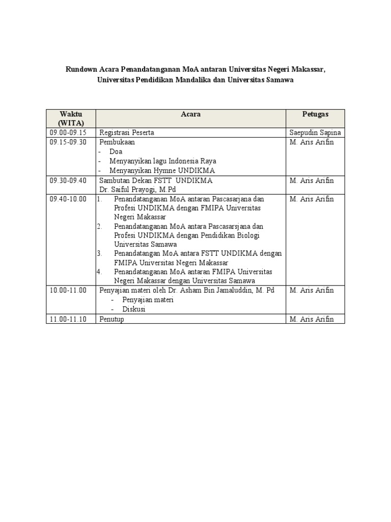 Rundown Acara Penandatanganan MoA Antaran Universitas Negeri Makassar | PDF