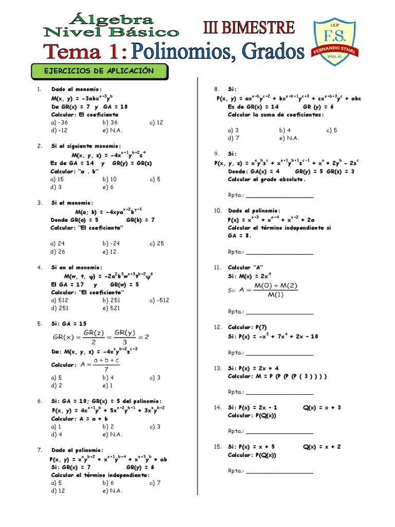 TEMA 1 ALGEBRA NIVEL BÁSICO Polinomios, Grados | Descargar gratis PDF | Relaciones matematicas ...