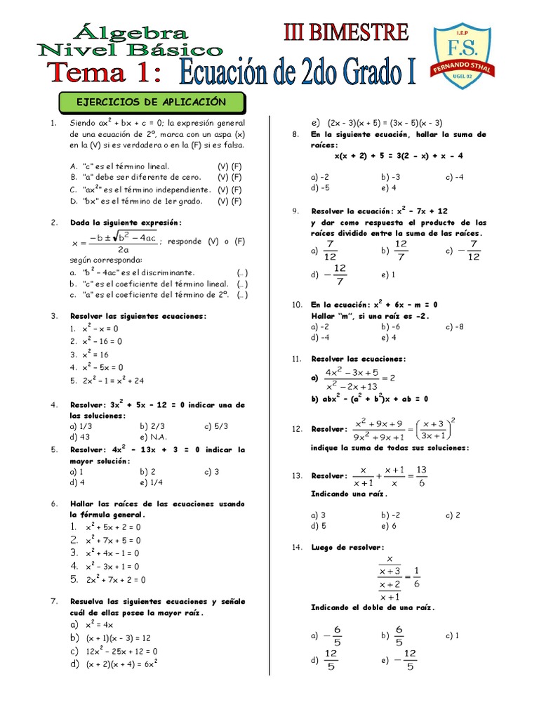 TEMA 1 ALGEBRA NIVEL PREUNIVERSITARIO Ecuación de 2do Grado I | PDF