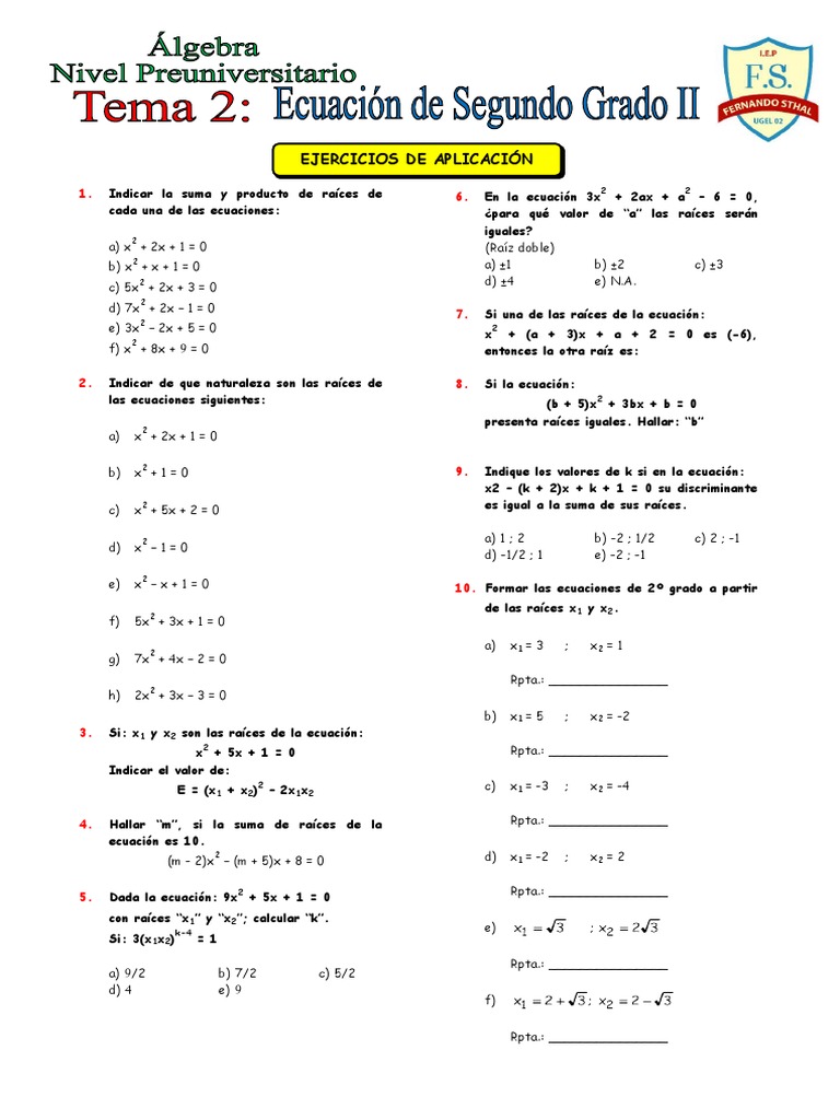 TEMA 2 ALGEBRA NIVEL PREUNIVERSITARIO Ecuaciones de 2do Grado II | PDF | Matemáticas | Álgebra