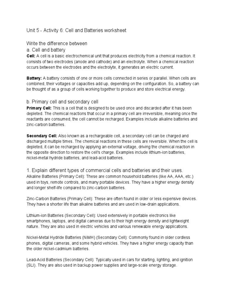 Unit 5 - Activity 6 - Cell and Batteries Worksheet | PDF | Rechargeable ...
