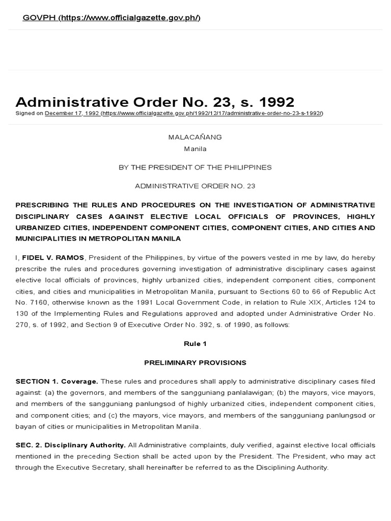 Administrative Order No. 23, S. 1992 - Official Gazette of The Republic ...