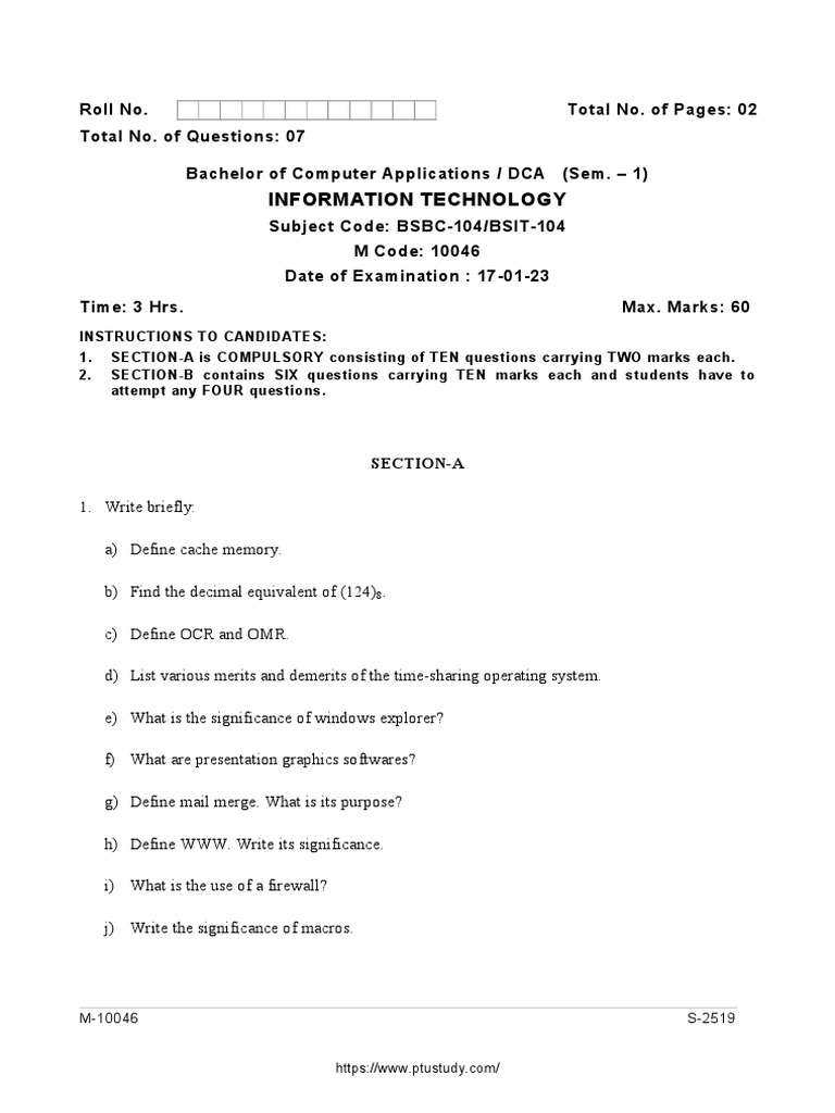 IT Exam Paper: BCA/DCA Sem 1 | PDF