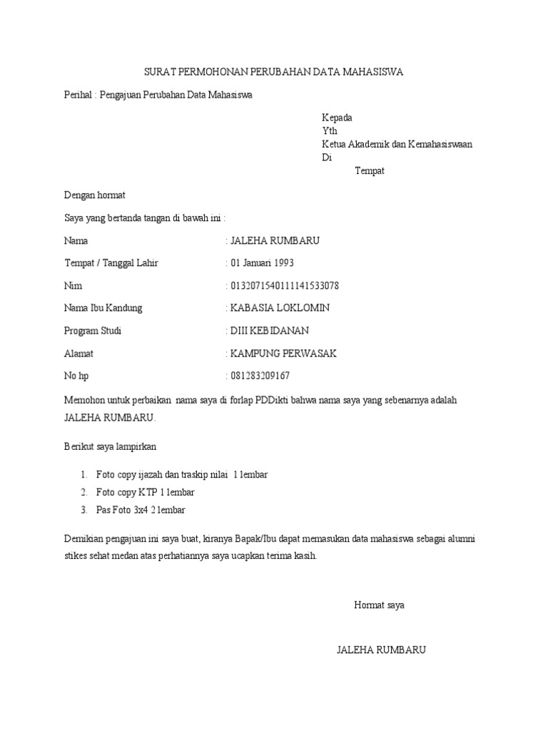 SURAT PERMOHONAN PERUBAHAN DATA MAHASISWA (KK Leha) | PDF