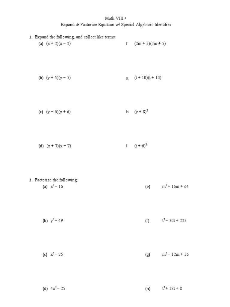 Math VIII+ Expand & Factorize Equation Special Identities | PDF