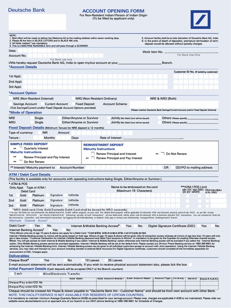 Deutsche Bank NRI Account Opening Form | PDF | Banks | Debit Card