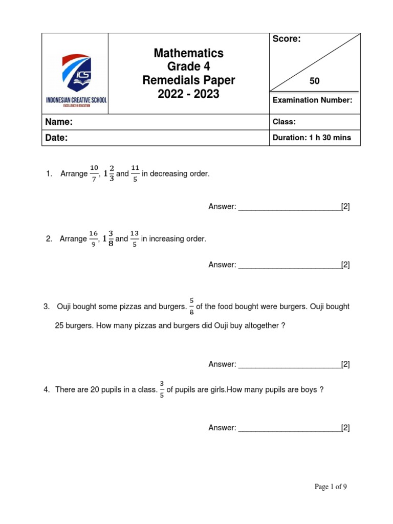 CA 2 Remedials Paper AY 2022-2023 - Math G4 | PDF | Mathematics