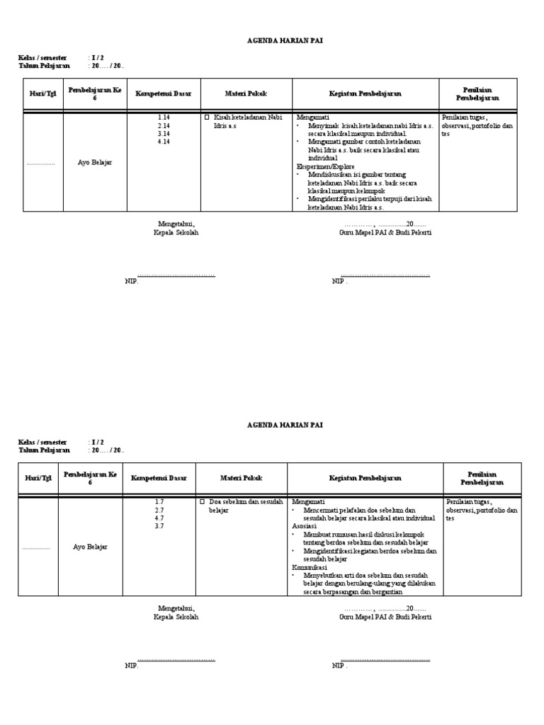 Jurnal Harian Pai Kelas 1 Semester 2 | PDF