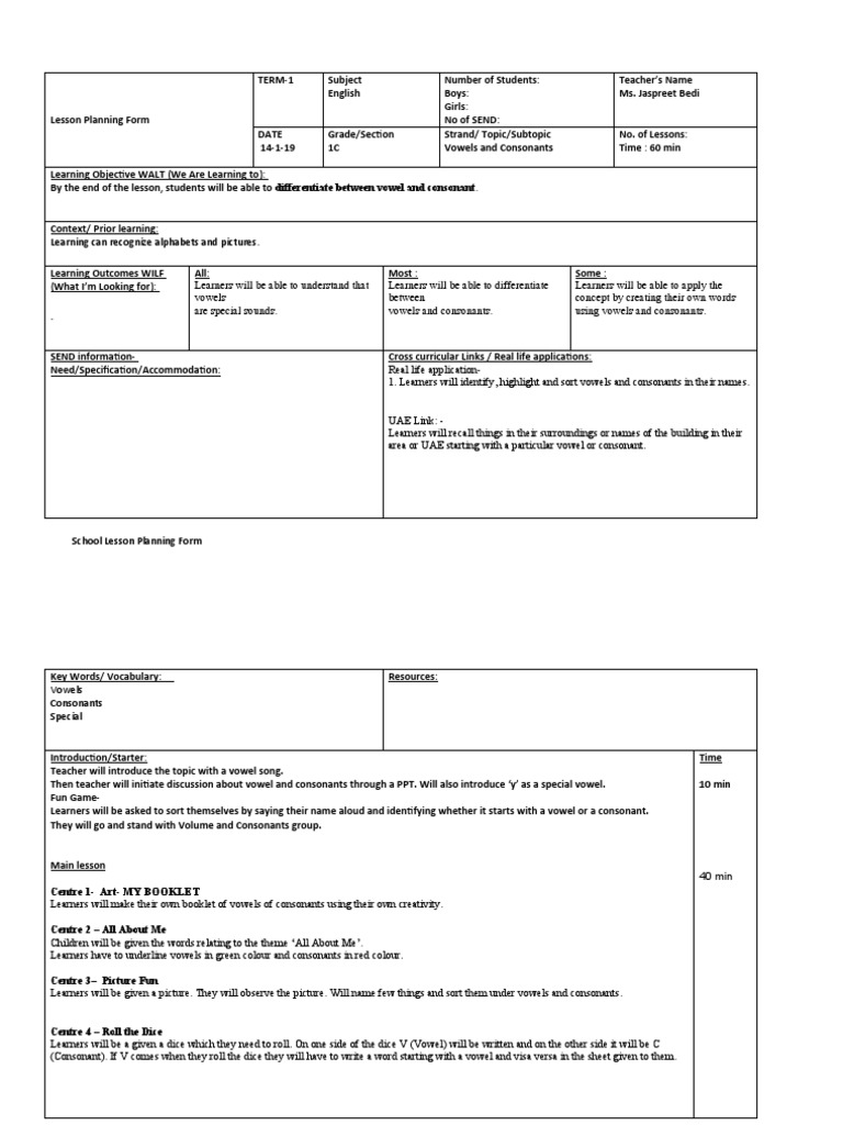 Vowels and Consonants Lesson Plan | PDF | Lesson Plan | Consonant