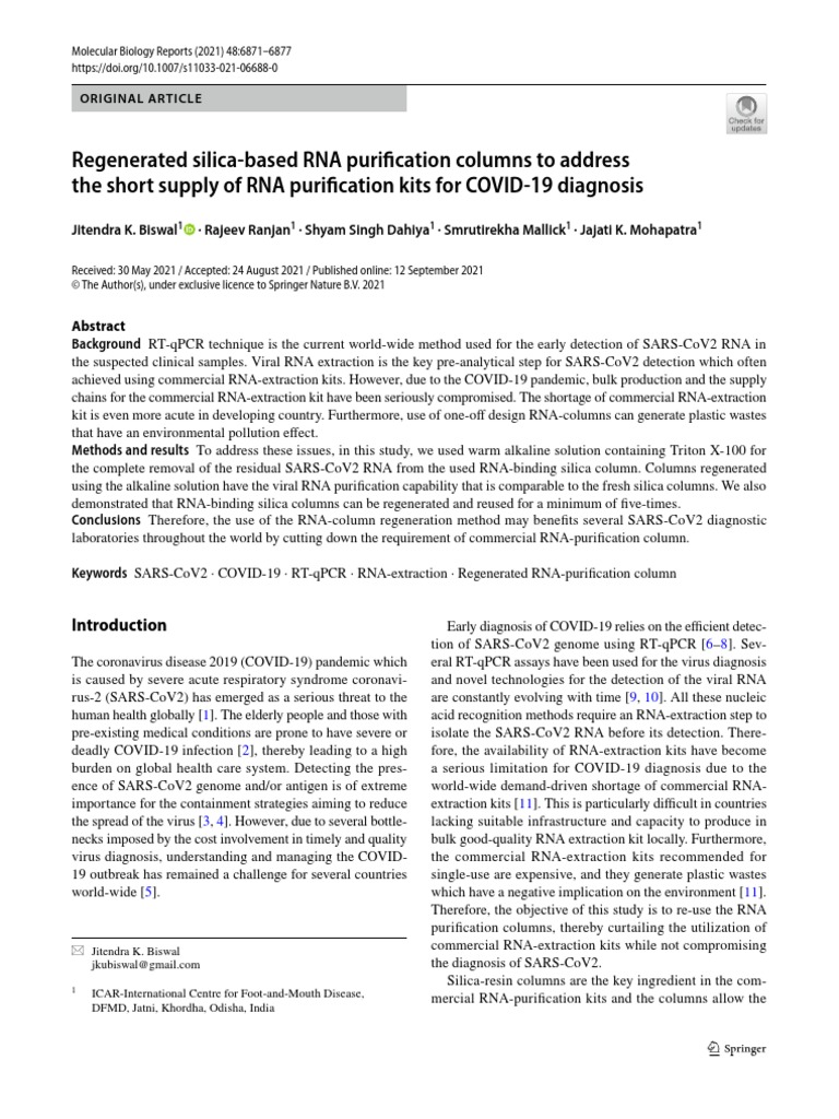 Regenerated RNA Columns for COVID-19 Testing | PDF | Real Time ...