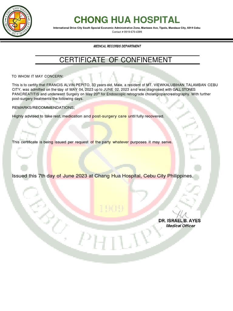 Certificate of Confinement for Surgery | PDF